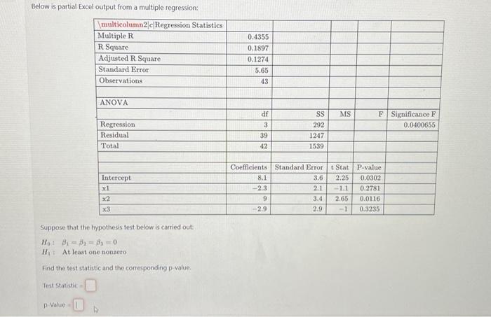 Solved Below is partial Excel output from a multiple | Chegg.com
