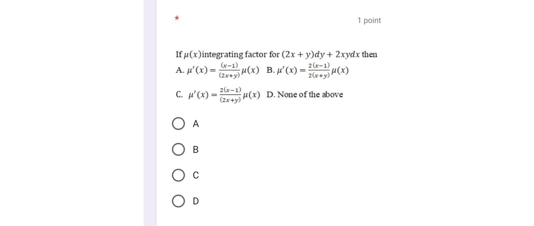 Solved 1 ﻿pointIf μ(x) ﻿integrating factor for | Chegg.com