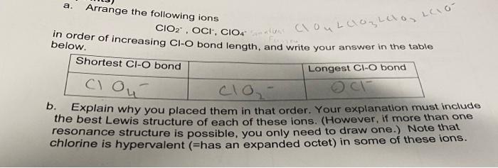 Solved a. Arrange the following ions ClO2−,OCl−,ClO4− in | Chegg.com