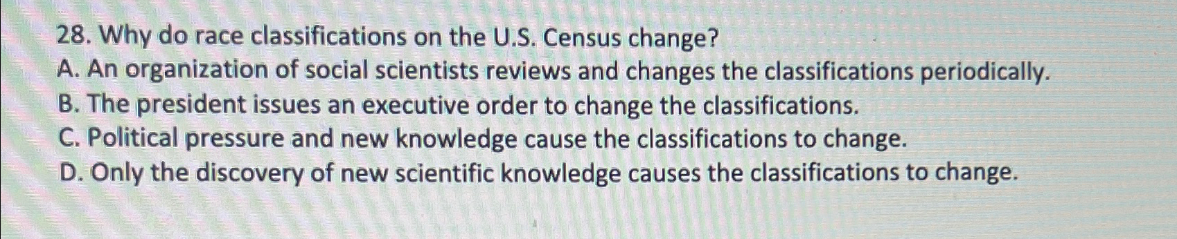 Solved Why do race classifications on the U.S. ﻿Census | Chegg.com