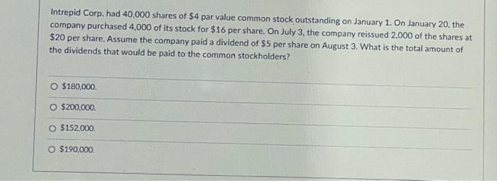 Solved Intrepid Corp. had 40,000 shares of $4 par value | Chegg.com