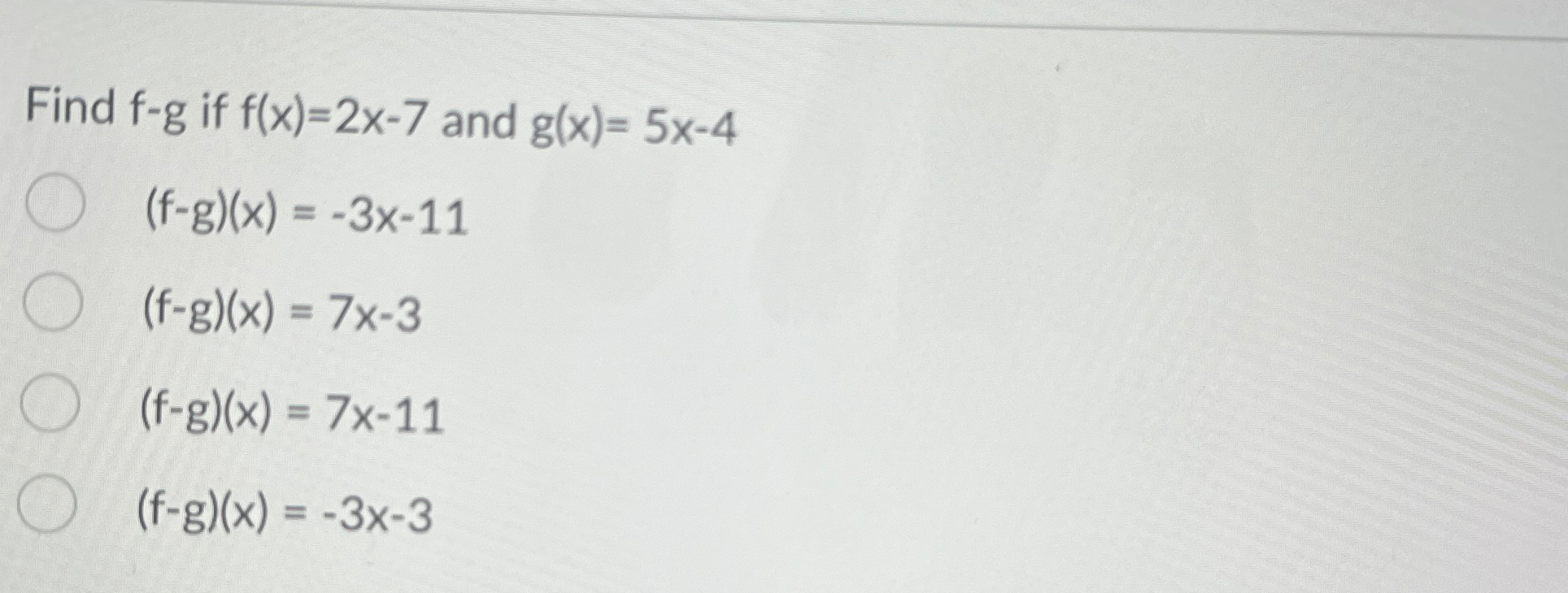 Solved Find f-g ﻿if f(x)=2x-7 ﻿and | Chegg.com