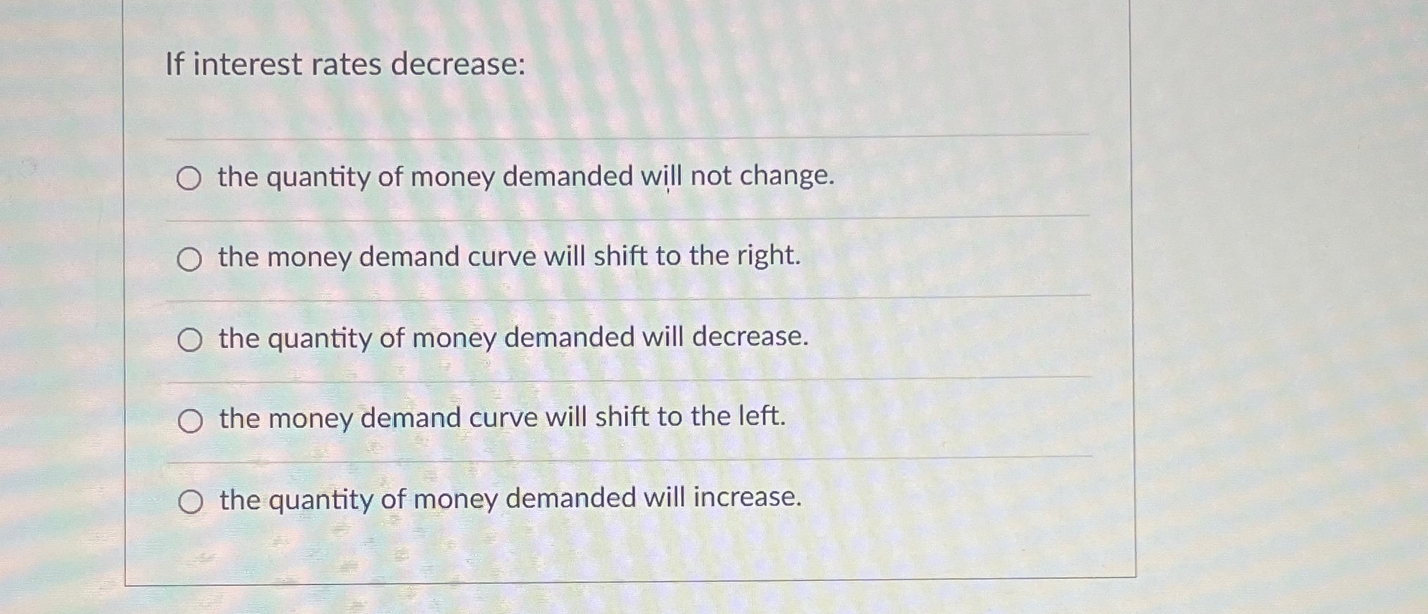 Solved If Interest Rates Decrease The Quantity Of Money Chegg