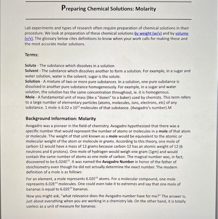 [Solved]: Preparing Chemical Solutions: Molarity Lab experi