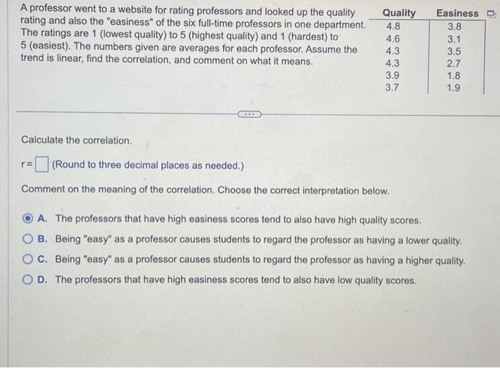 Solved A professor went to a website for rating professors | Chegg.com