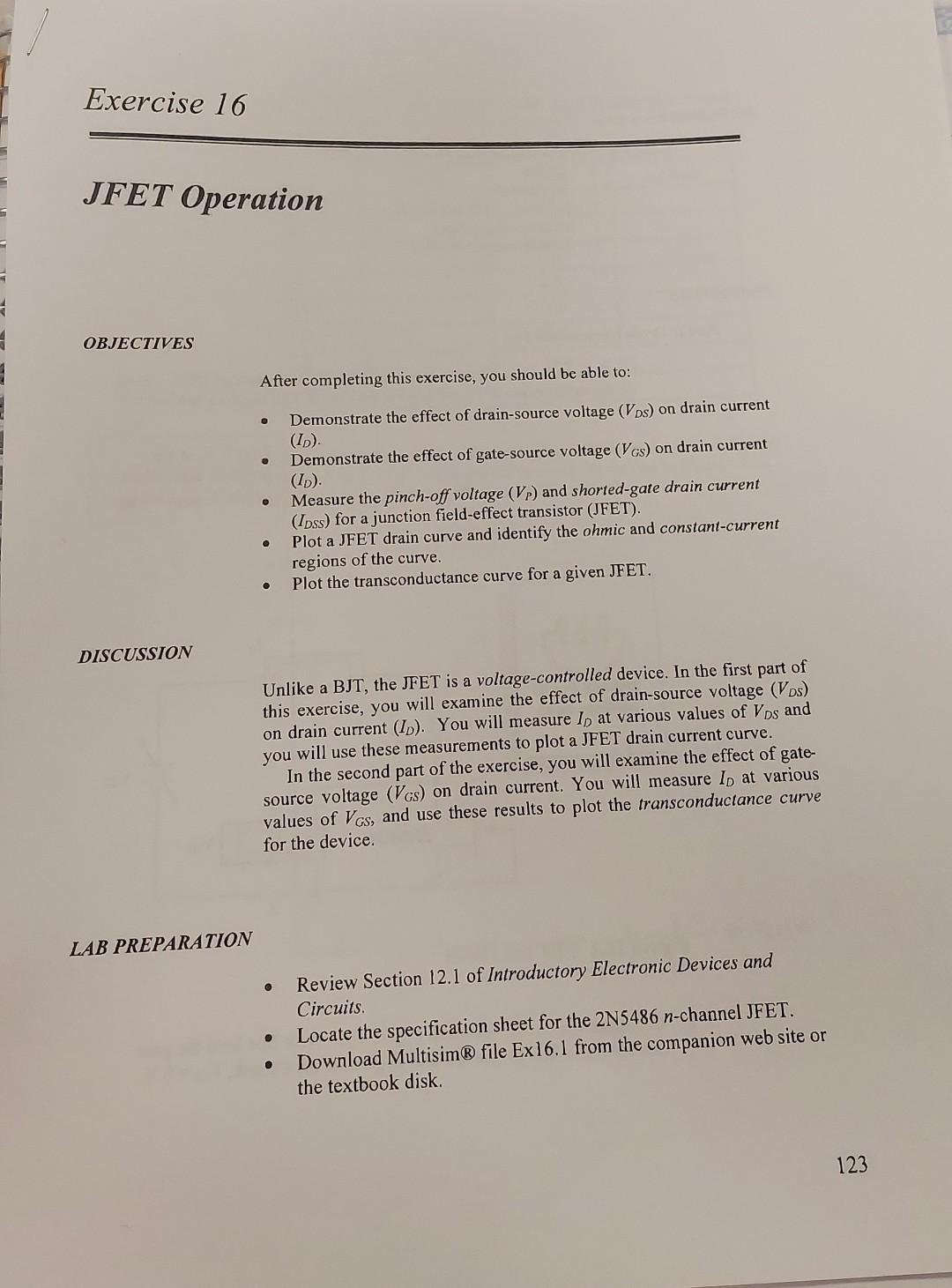 Exercise 16 JFET Operation OBJECTIVES After | Chegg.com