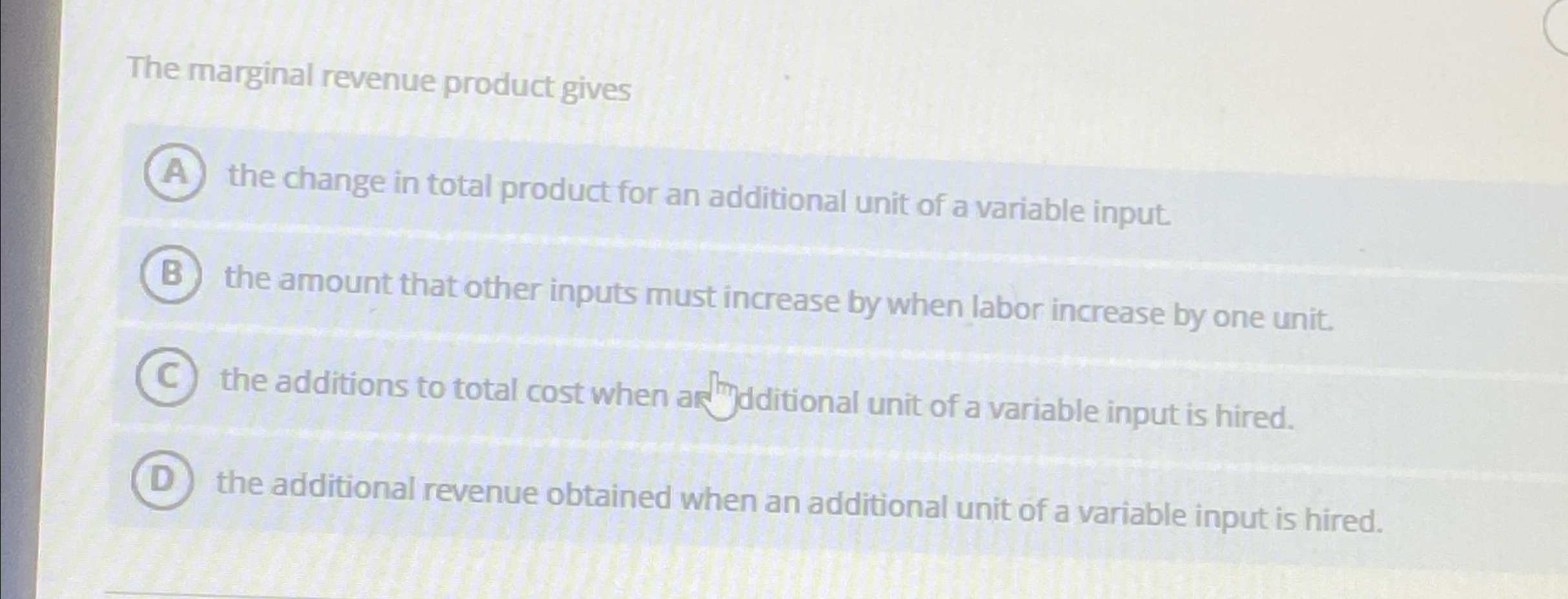 Solved The marginal revenue product givesthe change in total | Chegg.com