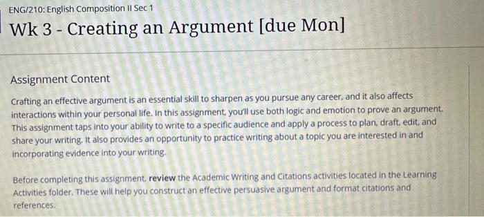 Solved Assignment Content Crafting an effective argument is | Chegg.com