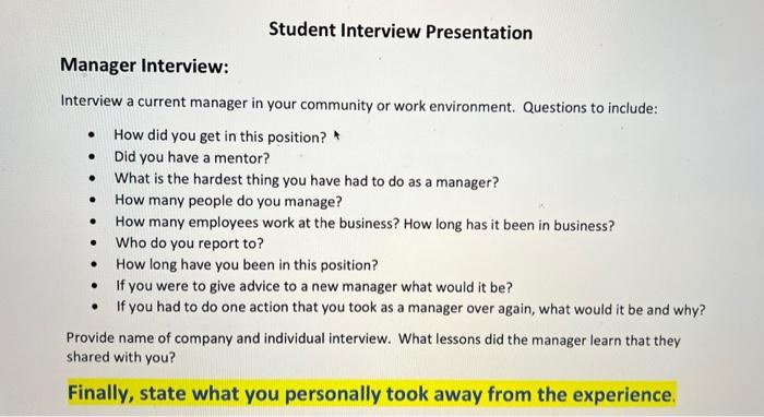 Solved Student Interview Presentation Manager Interview: | Chegg.com