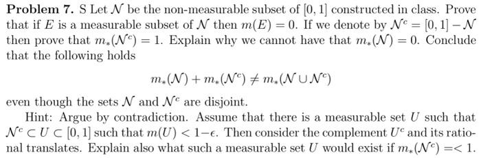 Solved Problem 7 S Let N Be The Non Measurable Subset Of