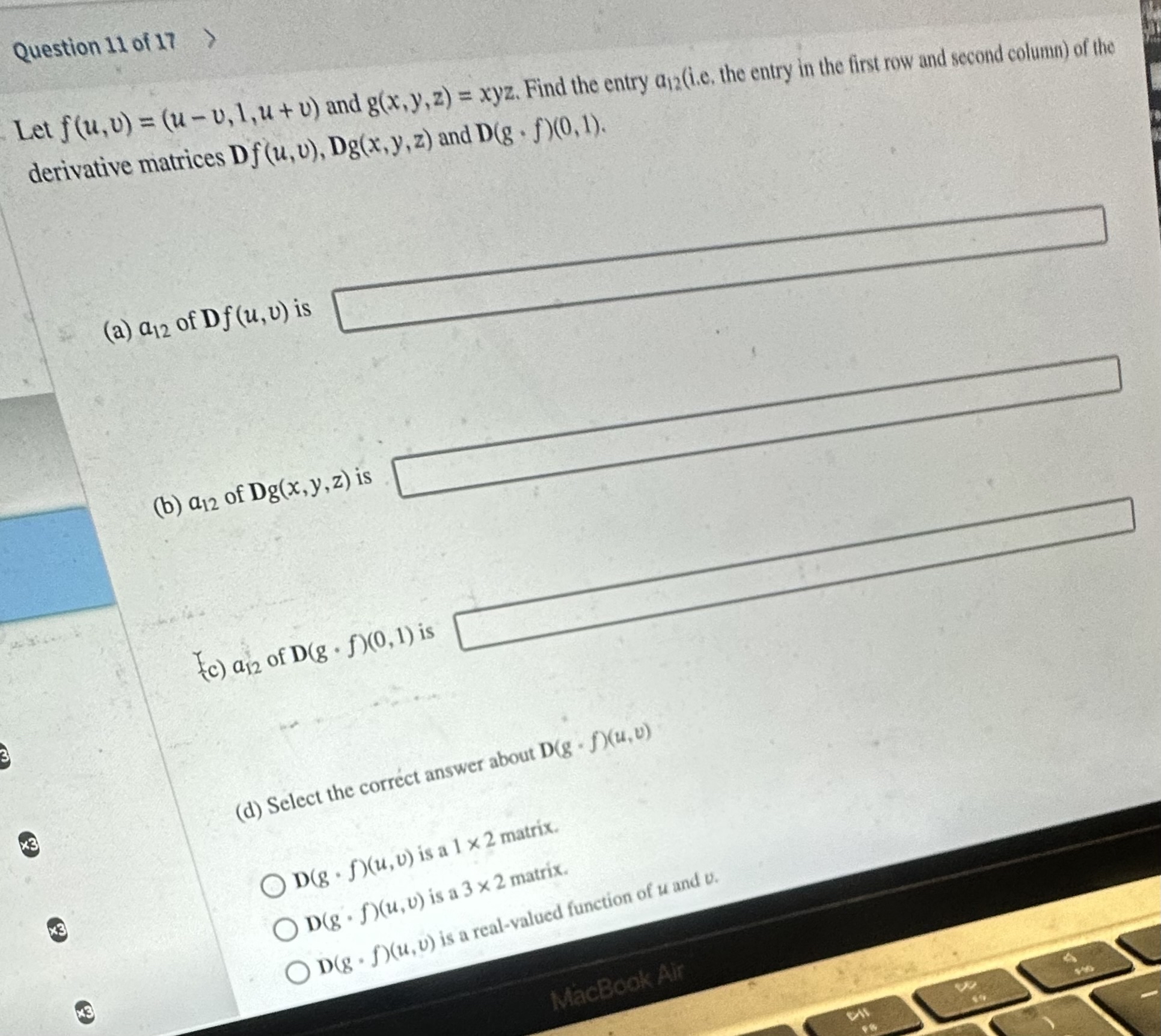 Solved Question 11 ﻿of 17Let f(u,v)=(u-v,1,u+v) ﻿and | Chegg.com