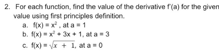 Solved For each function, find the value of the derivative | Chegg.com