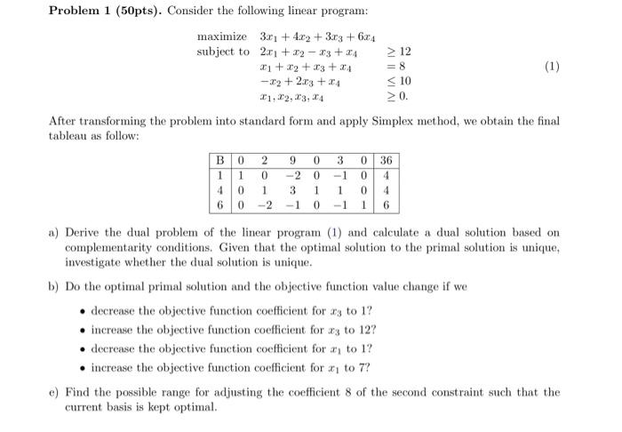 Problem 1 (50pts). Consider the following linear | Chegg.com