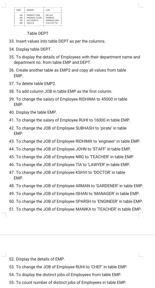 Solved SOL QUERIES ASSIGNMENT 1. To create table EMP. 2. To | Chegg.com