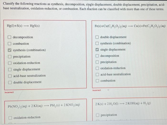 Solved Classify the following reactions as synthesis, | Chegg.com