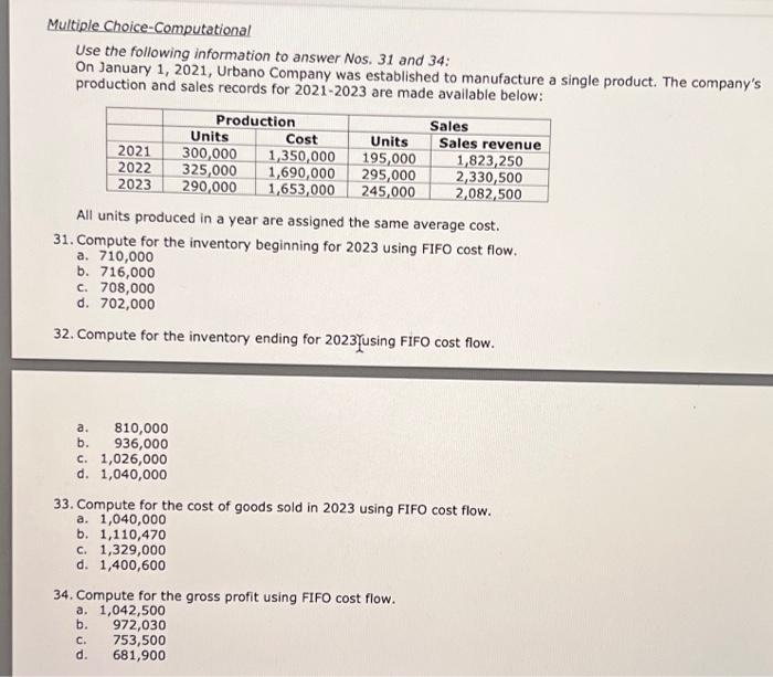 Solved Multiple Choice-Computational Use the following | Chegg.com