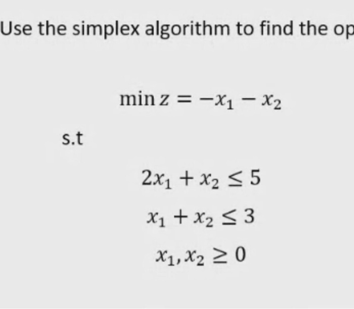 Solved Use the simplex algorithm to find the op min z = -X1 | Chegg.com