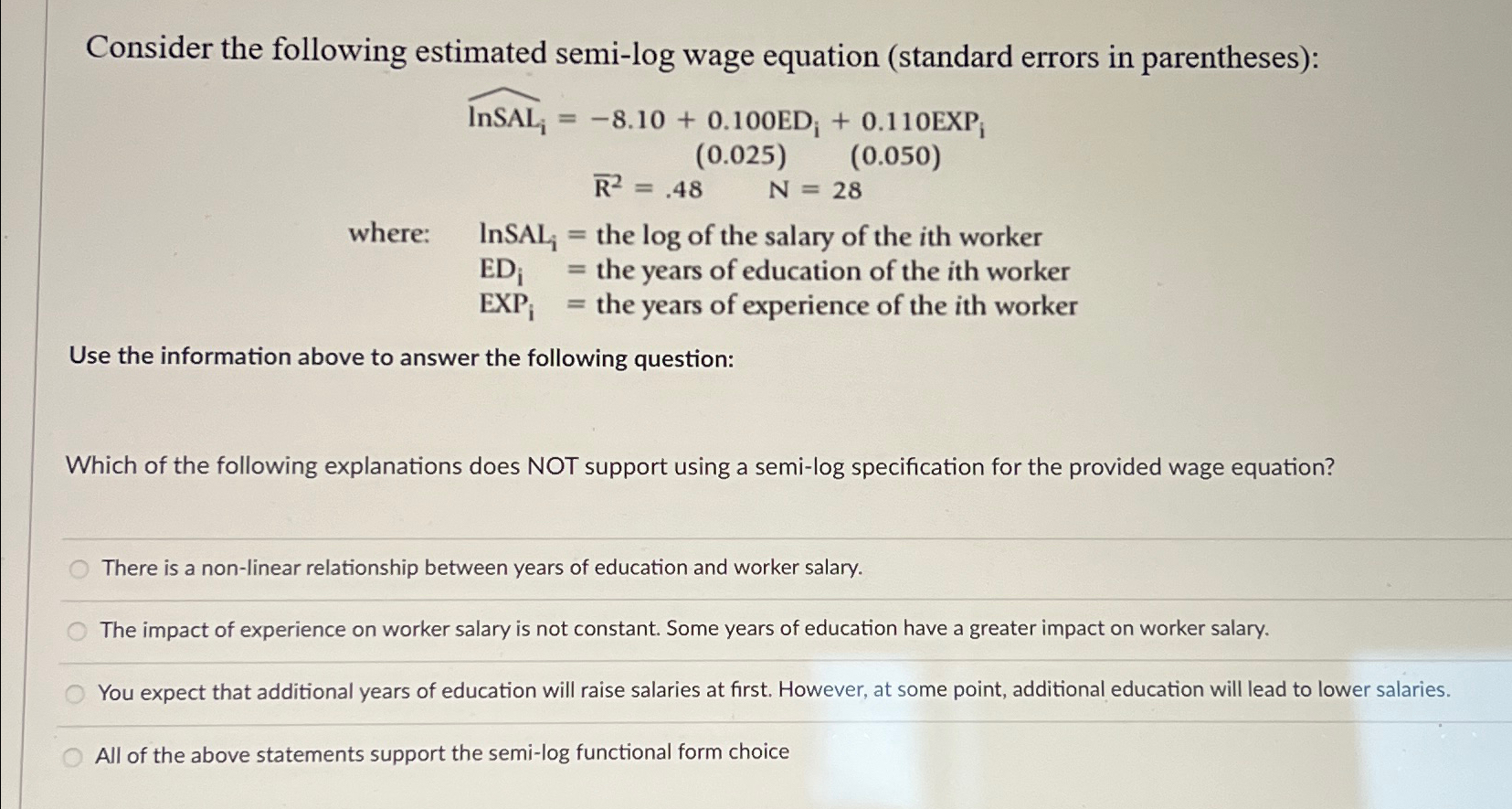 Solved Consider the following estimated semi-log wage | Chegg.com