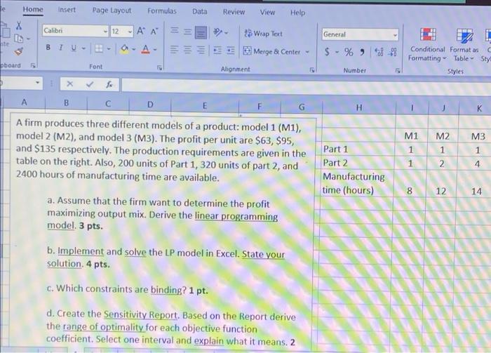 Solved le Home Insert Page Layout Formulas Data X lo Calibri | Chegg.com