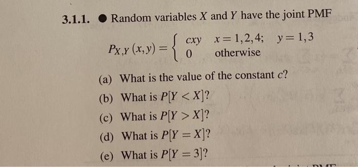 Solved 3.1.1. Random variables X and Y have the joint PMF | Chegg.com