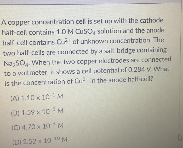 Solved A copper concentration cell is set up with the | Chegg.com