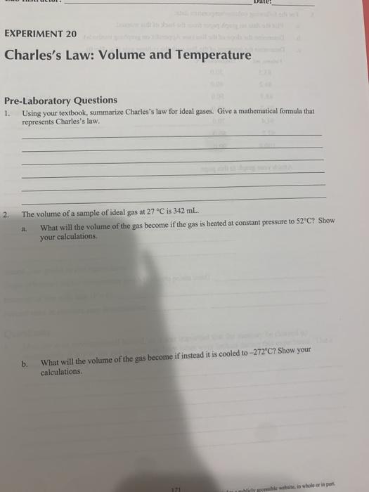 Solved EXPERIMENT 20 Charles's Law: Volume and Temperature | Chegg.com