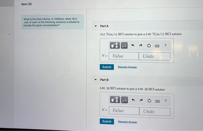 Solved Item 23 What is the final volume, in milliliters, | Chegg.com