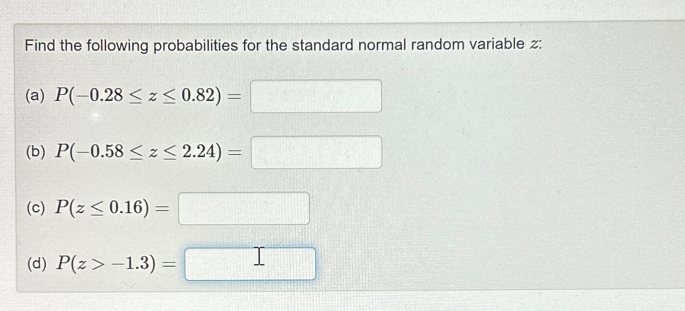 Solved Find the following probabilities for the standard | Chegg.com