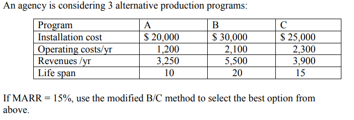 Solved An agency is considering 3 alternative production | Chegg.com