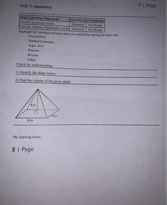 Solved Unit 7: Geometry 1 | Page Topic Learning Objectives: | Chegg.com