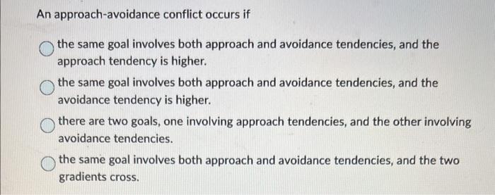 Solved An approach-avoidance conflict occurs if the same | Chegg.com