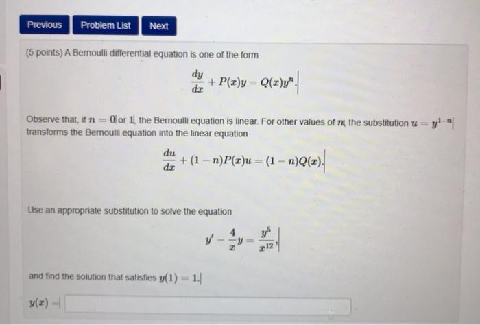 Solved Previous Problem List Next (5 points) A Bernoulli | Chegg.com