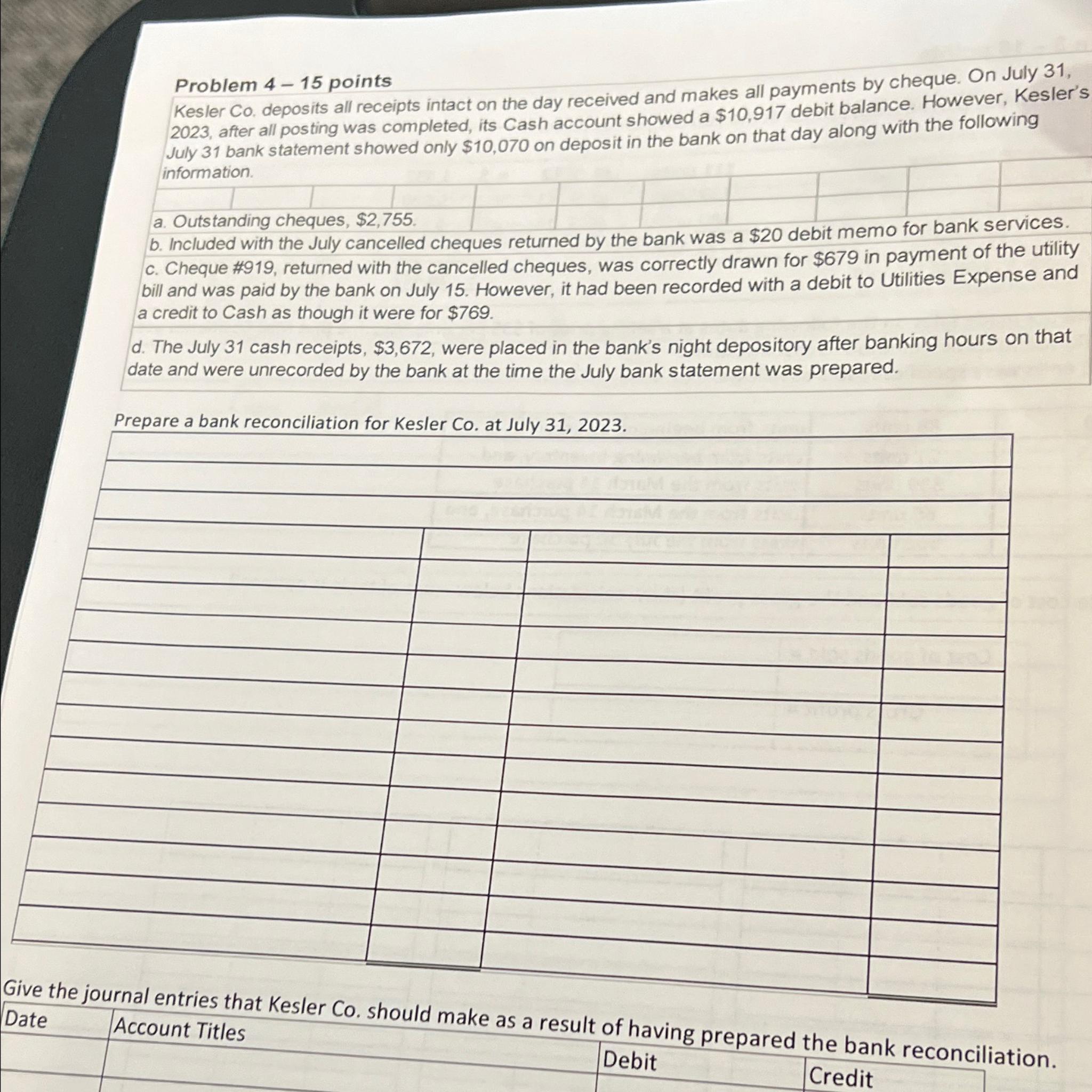 Solved Problem 4- 15 ﻿pointsKesler Co. ﻿deposits all | Chegg.com