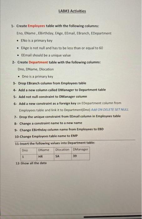 Solved 1. Create Employees table with the following columns: | Chegg.com
