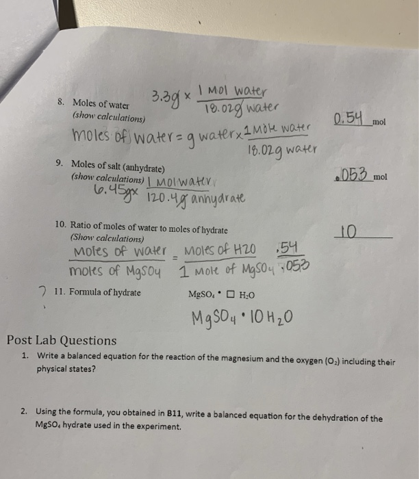 Solved 1 mol water 8. Moles of water (show calculations) | Chegg.com