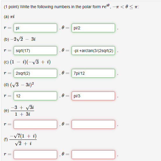 Solved (1 ﻿point) ﻿Write the following numbers in the polar | Chegg.com