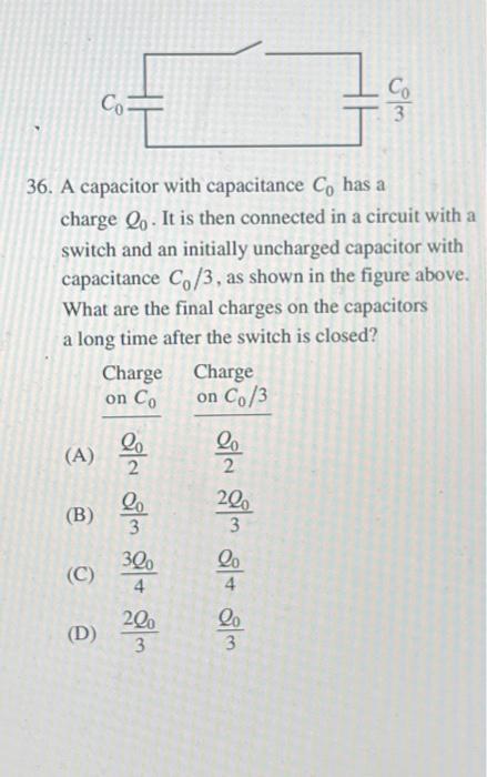 Solved 36. A capacitor with capacitance C0 has a charge Q0. | Chegg.com