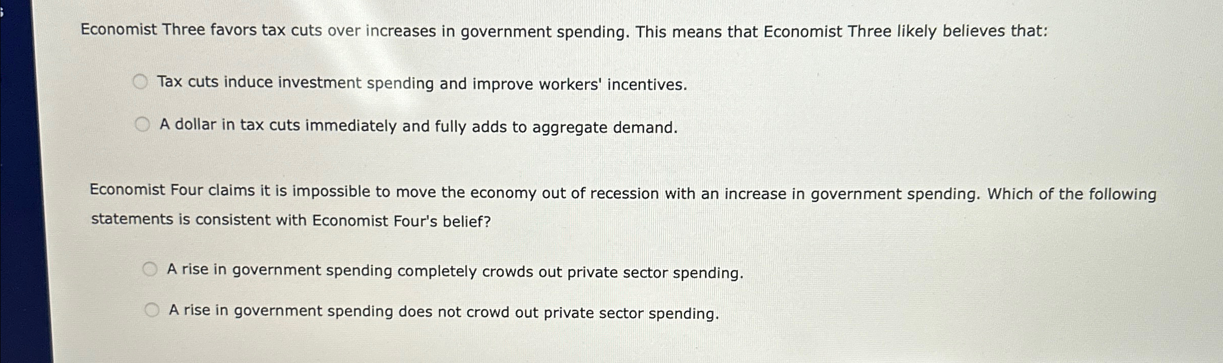 Solved Economist Three favors tax cuts over increases in | Chegg.com
