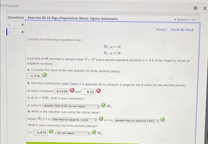 Solved Hint(s) Check My Wc Consider the following hypothesis | Chegg.com