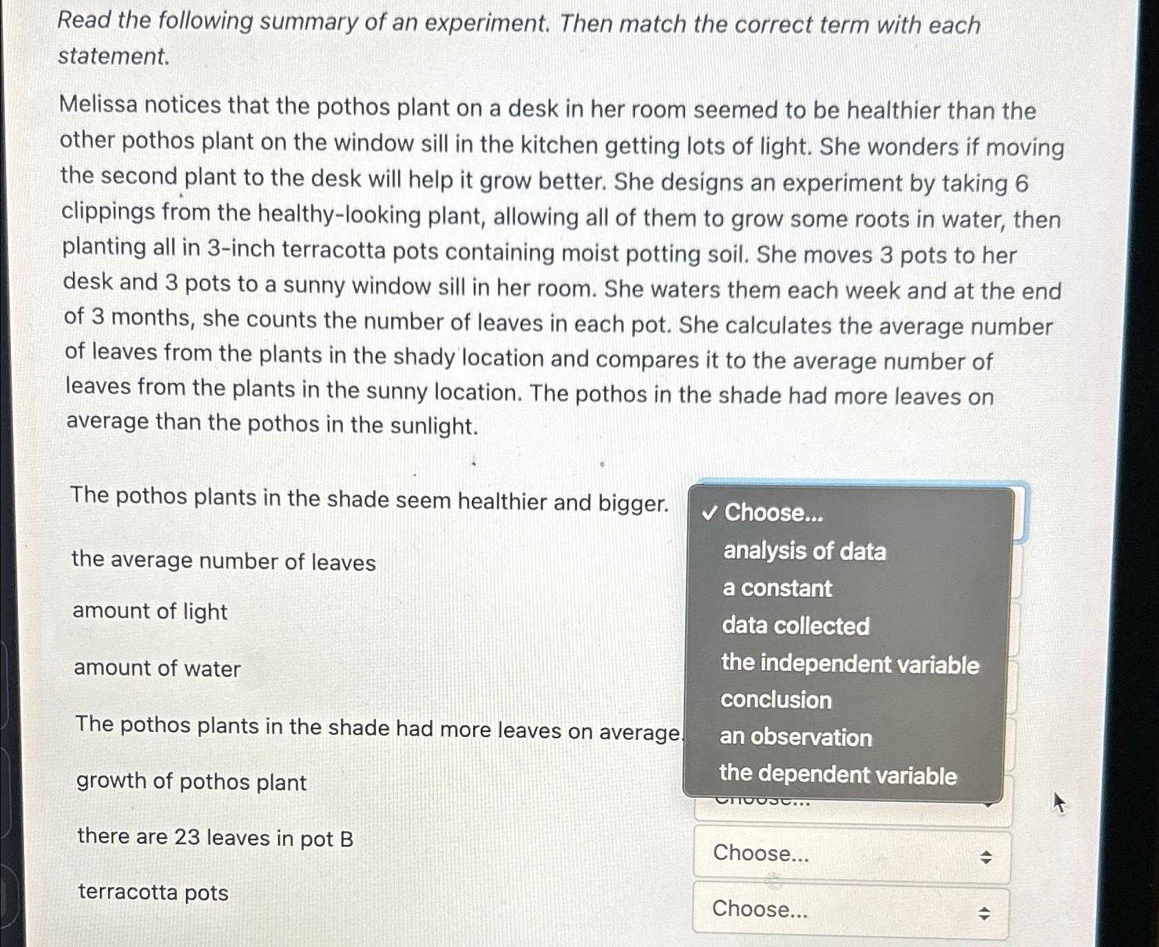 Solved Read the following summary of an experiment. Then | Chegg.com