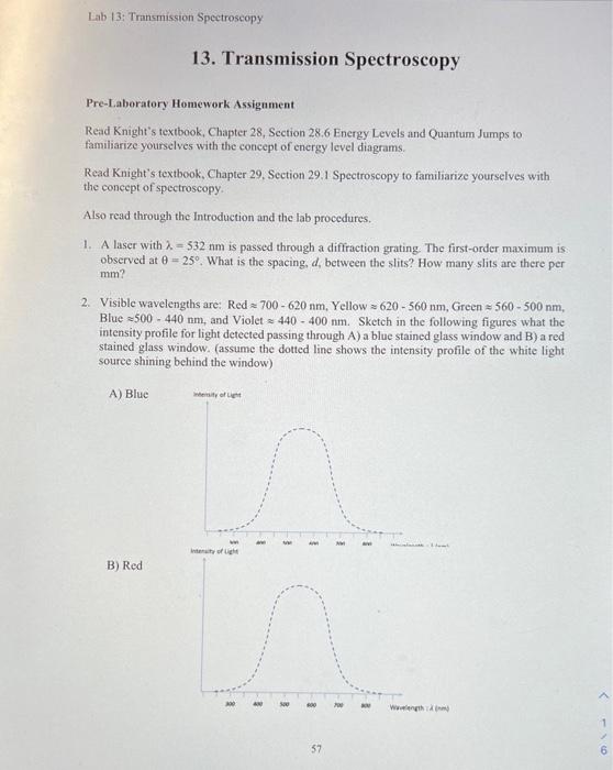 Solved 13. Transmission Spectroscopy Pre-Laboratory Homework | Chegg.com