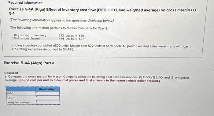 Solved Exercise 5-4A (Algo) Effect of inventory cost flow | Chegg.com