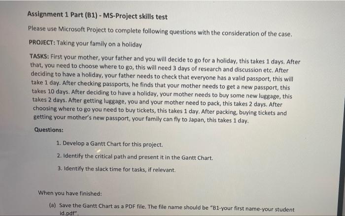 Solved Assignment 1 Part (B1) - MS-Project skills test | Chegg.com