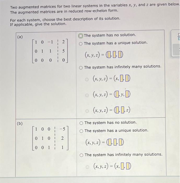 Solved Two augmented matrices for two linear systems in the | Chegg.com