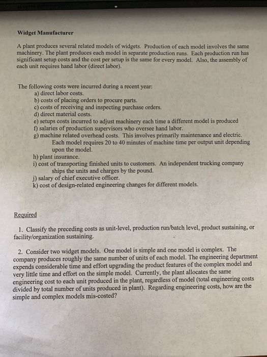 Solved Widget Manufacturer A plant produces several related | Chegg.com