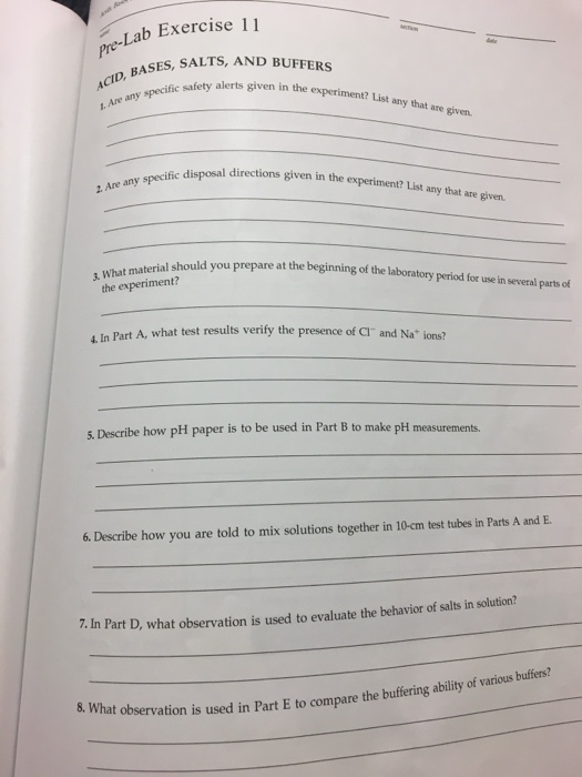Pre-Lab Exercise 11 ACID, BASES, SALTS, AND BUFFERS 1 | Chegg.com