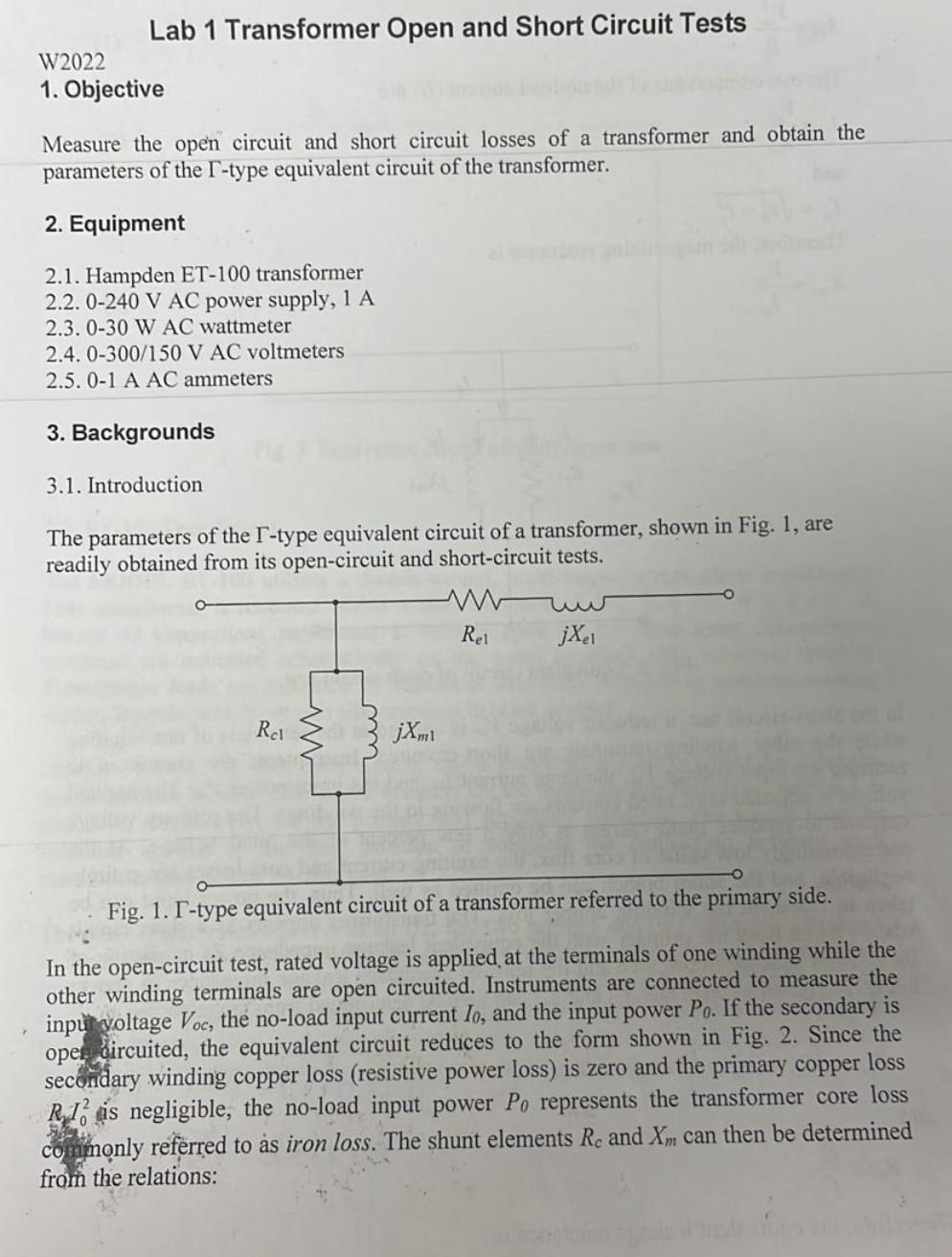 Solved Lab 1 Transformer Open and Short Circuit Tests W2022 | Chegg.com