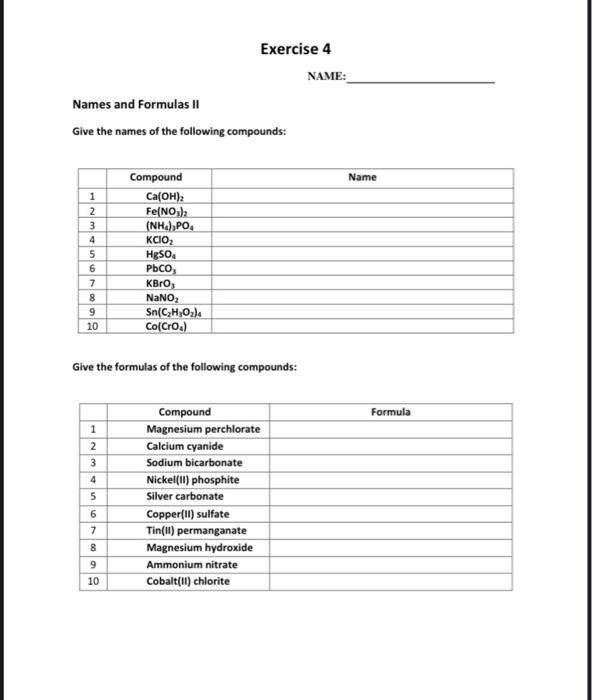 Solved Names and Formulas II Give the names of the following | Chegg.com