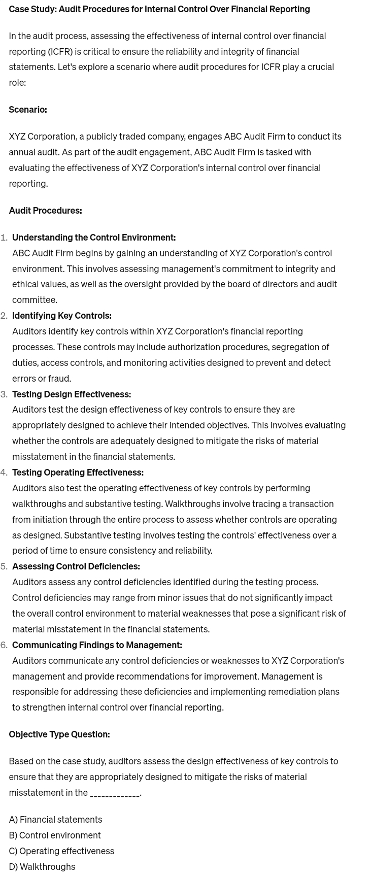 Solved Case Study: Audit Procedures for Internal Control | Chegg.com