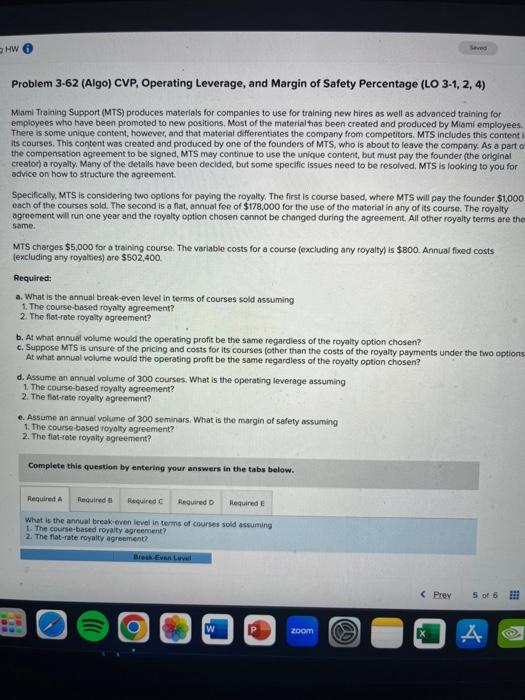 Solved Problem 3-62 (Algo) CVP, Operating Leverage, and | Chegg.com